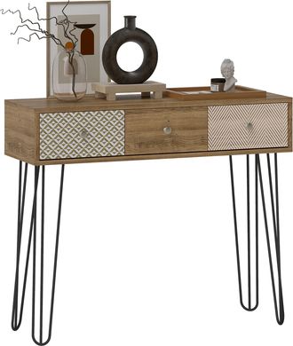 HOMCOM Konsolenm&ouml;bel, Konsolentisch, Konsole Eingang nordischer Stil, schmaler Eingangstisch mit 3 Schubladen und Stahlbeinen, Sofaende, f&uuml;r Wohnzimmer, Flur