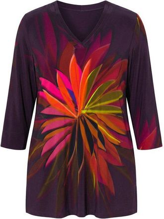 Ulla Popken T-Shirt Slinky-Shirt Bl&auml;tter V-Ausschnitt 3/4-Arm