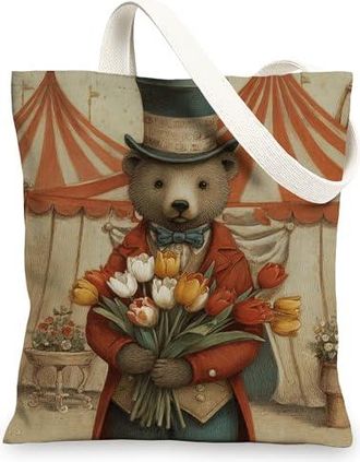 Generic Sacs fourre-tout en toile motif ours fantaisie, sacs dépicerie réutilisables, légers et lavables avec bandoulière en toile Ba, marron, 13x15 Inch