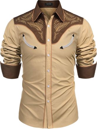 Coofandy Herren blumenweinlese-Stickerei-Western-Hemd Langarm Winter frühling x-Large 1-Khaki