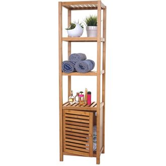 Mendler Badregal HWC-B18AM, Badezimmer Badschrank Standregal mit T&uuml;r, Bambus - 140x36x34cm