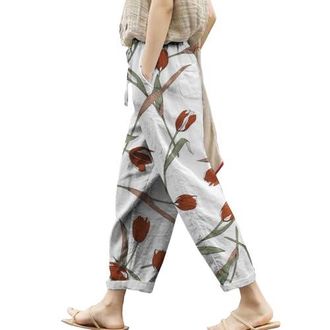 Generic Pantalon d&eacute;contract&eacute; pour femme - &Eacute;lastique - Long - Plage - Loisirs - Lin m&eacute;lang&eacute;, Or rose., 4XL