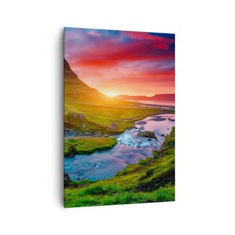 Arttor Bilder auf Leinwand 70x100cm Leinwandbild mit Rahmen Sonnenuntergang Wasserfall Island Vulkan Gro&szlig; Wanddeko Bild Schlafzimmer Deko Wandbilder Dekorati