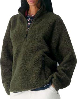 Generic Pull en polaire pour femme, manches longues, demi-fermeture &eacute;clair, sweat-shirt dautomne chaud et tendance avec poches lat&eacute;rales, Vert, XXL