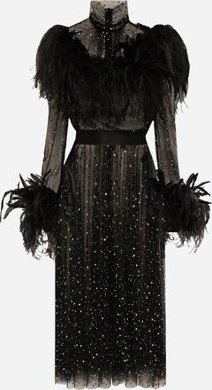 Dolce & Gabbana Longuette-kleid Aus Stretcht&uuml;ll Mit Thermostrass Und Hahnen- Und Strau&szlig;enfedern - Frau Kleider Silber 40