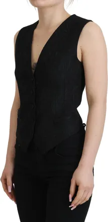 Dolce & Gabbana Womens Black Brocade Button Down Sleeveless Vest Top Virgin Wool Silk Elastane