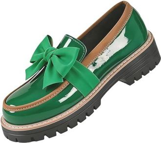Generic Mocassins Loafer Femme en Cuir Verni Noeud Chaussures De Marche &agrave; Plateforme sans Lacets Semelle Chunky Elegant Style Britannique Chaussure D&eacute;contract
