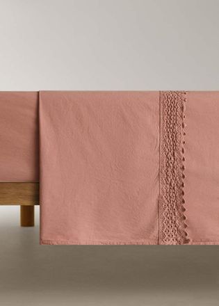 Mango Drap plat percale de coton lav&eacute; dentelle lit 150/160 cm marron moyen - Home - Lit 150/160 cm - MANGO HOME