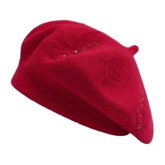 ZLYC Damen Baskenm&uuml;tze Klassische Franz&ouml;sischen Barett Einfarbig Warm Beret(Strasssteine Rot),Einheitsgr&ouml;&szlig;e