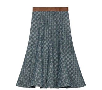 Gucci Monogram Denim Skirt with Leather Trim Size M