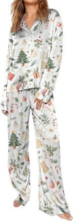 Generic Pyjama de Noël pour femme - Pyjama de luxe à motif de dessin animé - Joli Père Noël - Vêtement de nuit classique à boutons - Vêtement de nuit conforta