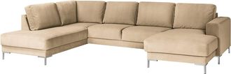 Fredriks home24 Wohnlandschaft Webstoff Beige Samt Vaia 301 x 82 x 200cm Longchair davorstehend rechts / Ottomane links Modern