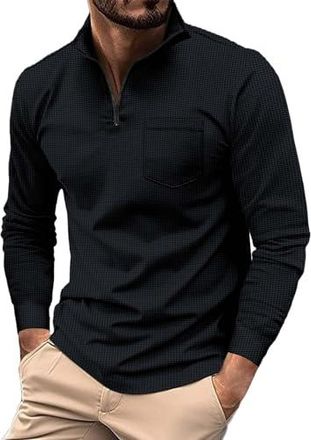 Generic Chemise gaufr&eacute;e &agrave; col rond pour homme - Polo &agrave; manches longues avec poche de poitrine - Fermeture &eacute;clair 1/4 - Couleur unie - T-shirt d&eacute;t&eacute; d&eacute;contract&eacute;