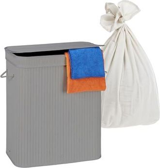 Relaxdays W&auml;schekorb mit Deckel, 2 F&auml;cher, Bambus, 100 l, faltbar, HxBxT: 60 x 52 x 32 cm, W&auml;sche Sortiersystem, grau