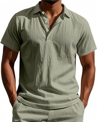 Generic Chemises de plage en lin &agrave; manches courtes pour homme - Polo &agrave; manches courtes pour homme - Haut de sport en coton - Tenue de plage d&eacute;contract&eacute;e - T-s