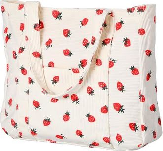 Garneck Sac Cabas Femme Bandouli&egrave;re Toile avec Motif Fraise Mignon Sac &agrave; Main Shopping L&eacute;ger et Spacieux pour Usage Quotidien &Eacute;tudiant et D&eacute;tente Blanc