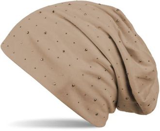 styleBREAKER Bonnet Classique Type Beanie, avec Application de Beaux Clous en Strass, Unisexe 04024037, Couleur:Beige