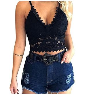 Generic D&eacute;bardeur en dentelle avec soutien-gorge int&eacute;gr&eacute; - Pour femme - Sexy - Col en V - Spaghetti - Coupe ajust&eacute;e - Respirant - Sans manches - Avec bretelle