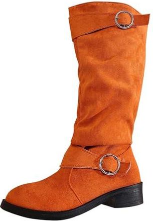 Generic Bottes larges en daim synth&eacute;tique pour femme - Style d&eacute;contract&eacute; - Bout rond - Talon bas et &eacute;pais - Polyvalentes et confortables - &Agrave; enfiler - Pour f&ecirc;