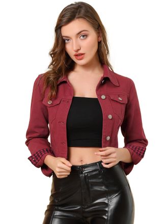Allegra K Jeansjacke f&uuml;r Damen, kurze Denim-Jacke, Brusttasche, karierter Saum, Button-Down-Jeansjacke, Weinrot, 3XL