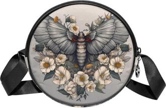 Generic Sac &agrave; bandouli&egrave;re rond pour femme, motif floral papillon de nuit, petit sac &agrave; dos avec fermeture &eacute;clair, bretelles r&eacute;glables, sac &agrave; main rond d&eacute;contra