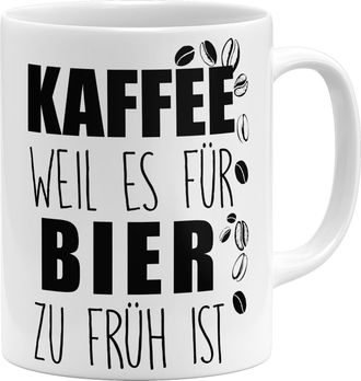 OM3 Kaffee weil es für Bier zu früh is Kaffee-Tasse mit Spruch - Statement Biertrinker - Keramik Becher - 325ml - Beidseitig Bedruckt - Weiss