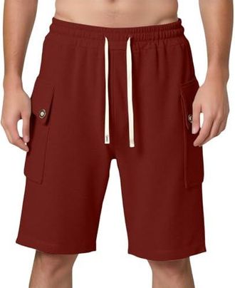 Generic Pantalon cargo pour homme - Short d&eacute;contract&eacute; - Coupe d&eacute;contract&eacute;e - Cordon de serrage - Taille &eacute;lastique avec poches - 2026, Rouge, L