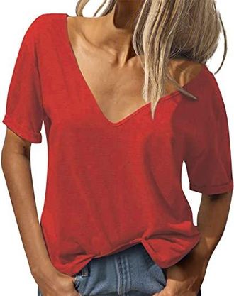 Generic Chemisier uni à manches courtes pour femme - Col en V profond - Manches courtes - Couleur unie - Décontracté - T-shirt basique - Vêtements pour la vie
