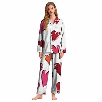 Generic Ensemble de pyjama 2 pi&egrave;ces pour la Saint-Valentin pour femme, chemise boutonn&eacute;e, pantalon de d&eacute;tente, en satin de soie, v&ecirc;tements de nuit avec imprim