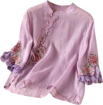 Generic Chemise boh&egrave;me &agrave; manches 3/4 en gaze pour femme, tunique boh&egrave;me paysanne en lin brod&eacute;e florale 2025 chemisier indien &agrave; volants sur le devant pour femm