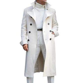 Generic Trench &agrave; revers crant&eacute; pour homme, coupe ajust&eacute;e, double boutonnage, manteau long dhiver chaud pour homme, blanc, 4XL