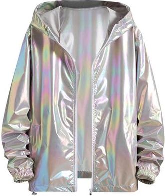 Generic Veste argent&eacute;e m&eacute;tallis&eacute;e pour femme 2026 - Veste brillante m&eacute;tallique tendance - Veste courte &agrave; paillettes pour femme - Style discoth&egrave;que - Style d&eacute;c