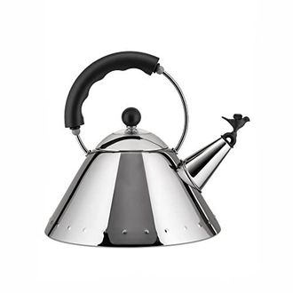 Alessi 9093 B Bouilloire en Acier Inoxydable 18/10 Brillant avec Poign&eacute;e et Sifflet-oisillon en Pa, Noir, Fond en Acier Magn&eacute;tique Compatible avec la Cuisson