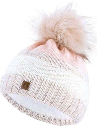 Faera M&uuml;tze Damen Winterm&uuml;tze Pailletten gef&uuml;ttert mit Fleecefutter Winter Herbst Bommelm&uuml;tze Beanie M&auml;dchen 74, Farbe:Beige