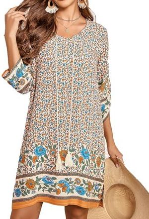 Zeagoo Robe dété pour femme - Style bohème - Manches 3/4 - Tunique - Mini robe ample - Robe décontractée, Abricot, XXL