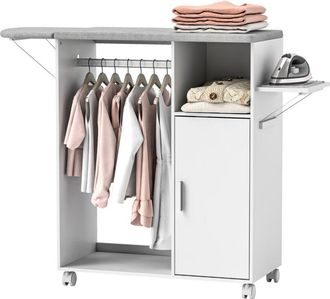 HOMCOM Armoire &agrave; repasser sur roulettes, table &agrave; repasser pliante, &eacute;tag&egrave;re r&eacute;glable, barre de suspension, 127x42,5x99cm, blanc-Blanc
