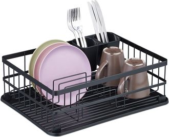 Relaxdays Abtropfgestell, Auffangschale, HBT: 15 x 42,5 x 32 cm, Geschirrtrockner für Teller, Tassen, Schalen, schwarz