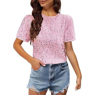 Generic Top femme &agrave; manches courtes avec paillettes, confortable chemisier ras du cou &agrave; sequins occasionnels pull top l&eacute;ger t-shirt basique pull top pour disc