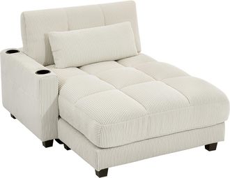 HOMCOM Chaiselongue 2 Sitzer Schlafsofa 114 x 147 cm Sofa mit Bettfunktion, Cord-Optik, Links/Rechts Armlehne, Becherhalter und Lendenkissen Couch für Wohnzi
