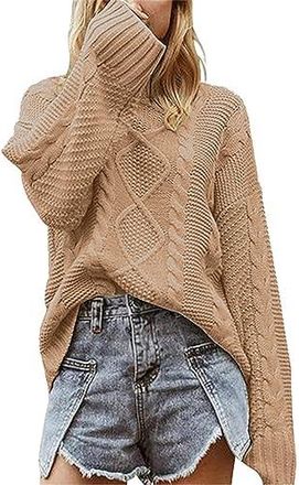 Generic Pull à col bénitier pour femmes, pull à col roulé à manches longues et col roulé de couleur unie, kaki, XL