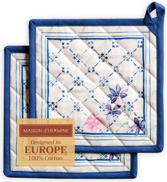 Maison d'Hermine Faience Topflappen, 100% Baumwolle, 2 Stück, zum Grillen, Kochen, Backen, Mikrowelle, Grillen, Frühling/Sommer, Ostern, 20 cm x 20 cm