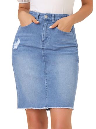 Allegra K Damen Basic Distressed High Waist Ripped Hem Washed Jeans Denim Rock, himmelblau, X-Gro&szlig;