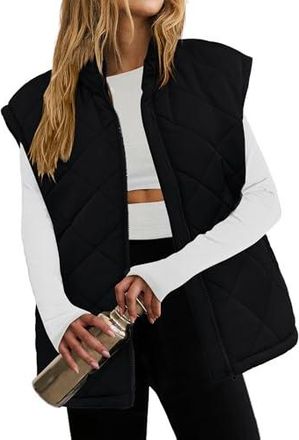 Zeagoo Gilet matelass&eacute; court sans manches pour femme - Automne - L&eacute;ger - Veste dhiver chaude - Col montant - Avec fermeture &eacute;clair - Tailles S &agrave; XXL, Noir, L
