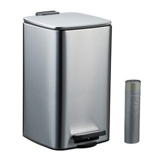 Relaxdays Kosmetikeimer, 8 L, Absenkautomatik, entnehmbarer Inneneimer, Metall, Bad Mülleimer, inkl. Müllbeutel, Silber