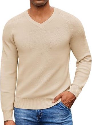 Coofandy Pull &agrave; col en V et Manches Longues pour Homme en Maille Fine Basique Beige XL
