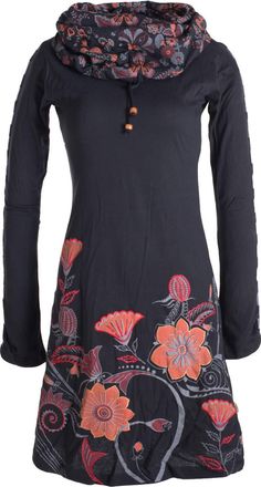 vishes Alternative Bekleidung - Damen Kleid mit Blumen-Muster Langarm Herbst Fr&uuml;hling Schalkragen schwarz 38