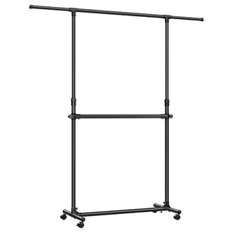 Songmics Portant à Vêtements Double Barre, Porte-manteau, Porte-vêtements, Hauteur Réglable de 113 à 180 cm, Barre Centrale Réglable, Noir LLR401B01