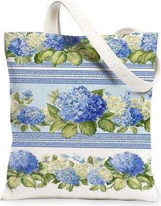 Generic Sacs fourre-tout en toile dhortensia, motif floral, sacs d&eacute;picerie r&eacute;utilisables, sacs d&eacute;picerie printaniers, &eacute;l&eacute;gants, l&eacute;gers, lavables, bleu, 13x15 