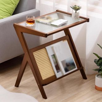 Generic Beistelltisch, Kleiner Akzenttisch, Tischplatte Aus Geh&auml;Rtetem Glass Mit Streifen, L-F&ouml;Rmiges Aufbewahrungsregal for Laptop, Wasserflasche, Snacks