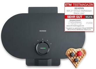 Severin Duo-Waffeleisen Black Line, Doppelwaffeleisen f&uuml;r Herzwaffeln, PFAS-freie Beschichtung, mit Kontrollleuchte, praktische Kabelaufwicklung, 1.200 Watt, 